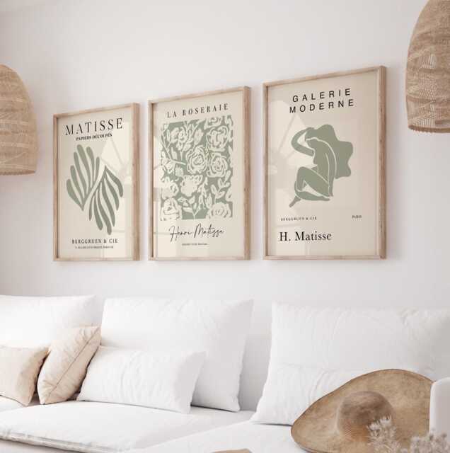 Set Of 3, Green Prints, Matisse Beige Wall Art, Cream Modern Exhibition ...