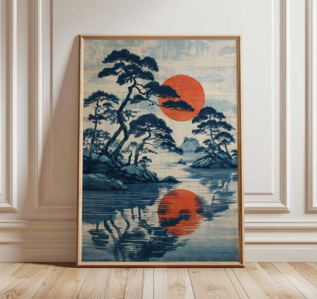 Japanese Ocean Poster, Red Sun Art Print, Blue Wave Coastal Wall by ...