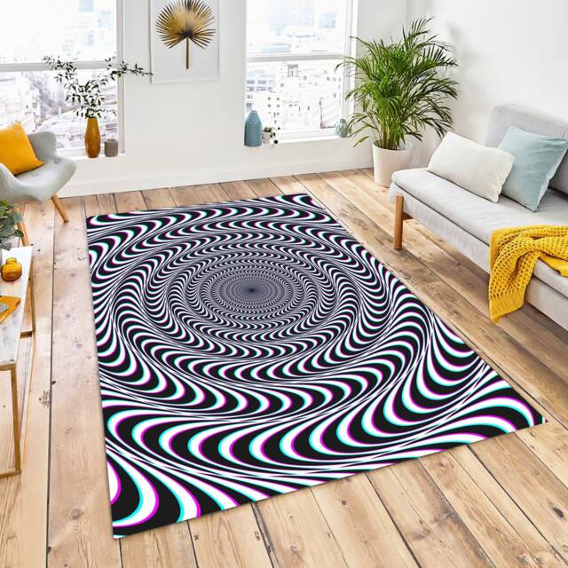 Illusion Psychedelic Area Rug, Trippy Carpet, Black & White Indoor ...