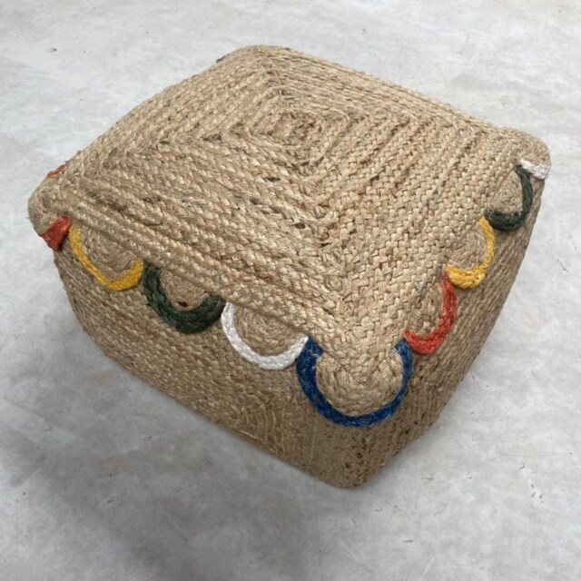 Square Jute Pouffe Footstool With Colourful Scallop Edge 30cm X 50cm by ...