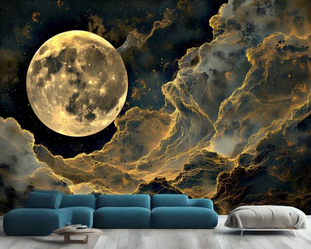 Stunning Full Moon in Golden Cloudy Night Gift, Art Print Photomural Wallpaper Mural Easy ...