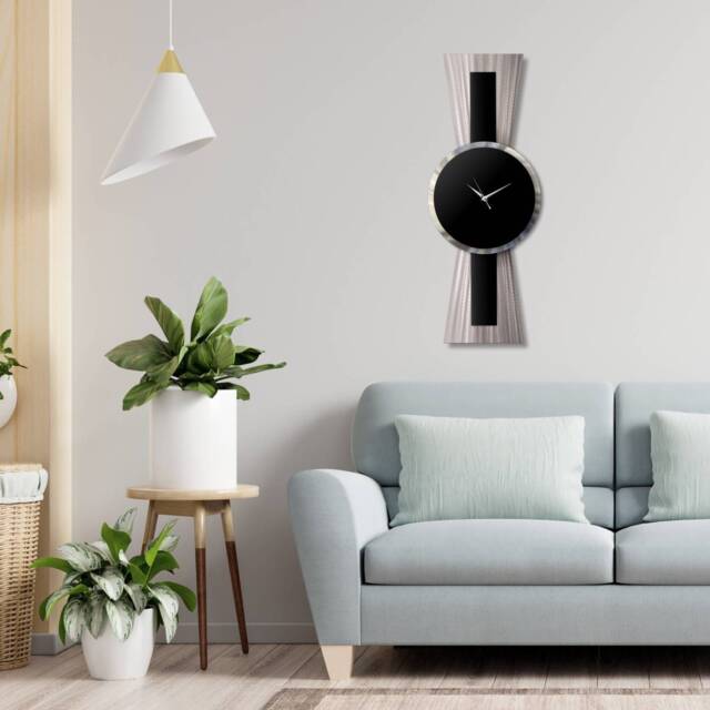 Black & Silver Metal Wall Clock Modern Abstract Art, Oversized ...