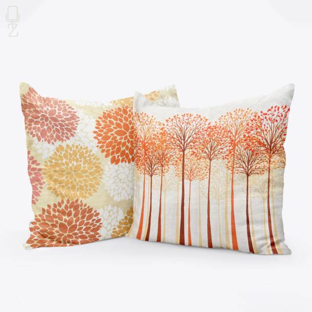Set Of 2 Orange Cushion Covers With Trees & Leaves Themed, Double Sided ...