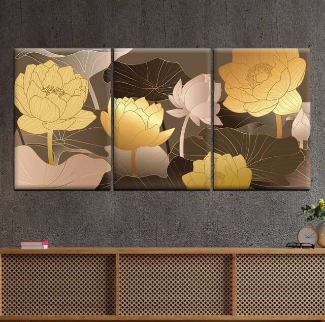 Golden Yellow Lotus Background Design, Lotus Flowers, Natural Wall Art, Drawing Illustration ...