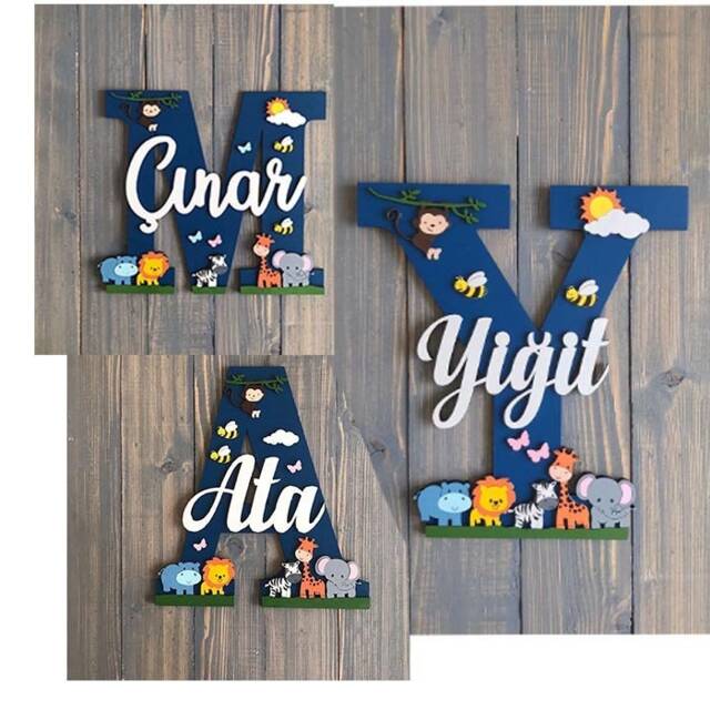 First Letter Name Sign Kids Room Door Decor Safari Animal Nursery Wall ...