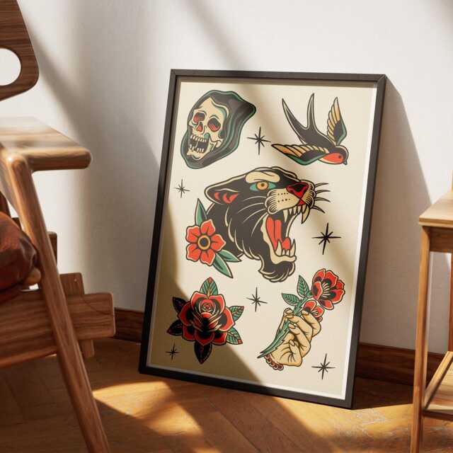 Traditional Tattoo - Flash Poster Sheet Art Posters, Vintage Designs, Classic Ink-Inspired Wall ...