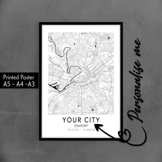 Custom City Map Poster, Personalised Gift Home Decor, Any Town, Village ...