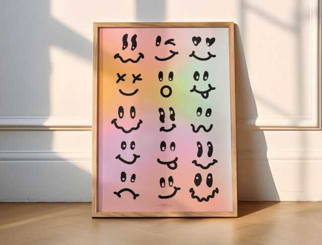 Smiley Faces Illustrated Wall Art Print - Dopamine Decor Poster by Etsy ...