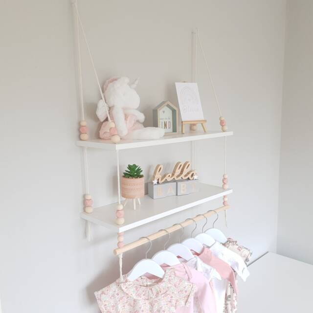 2 Tier Nursery Shelf With Clothes Rail, White & Double Swing Rope Shelf ...