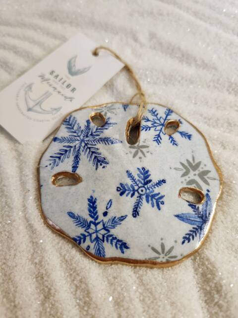 Decoupage Blue & Silver Snowflake Sand Dollar Ornament, Ceramic Resin ...