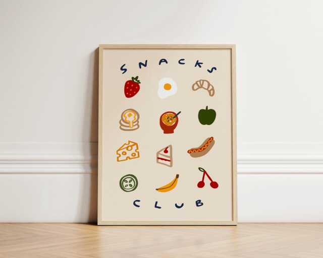 Snacks Club Print, Nursery Kitchen Art, Illustration Wall Foodie Kids ...