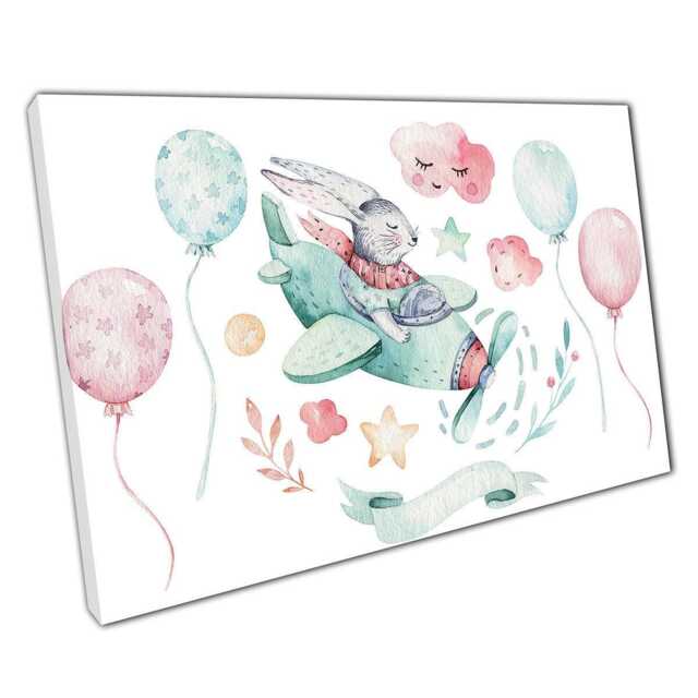 Cartoon Pilot Bunny Rabbit Plane Watercolour Canvas Wall Art For Kids ...