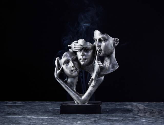 Three Face Mask Sculpture Silver See No Evil Statue, Cubicle Home ...