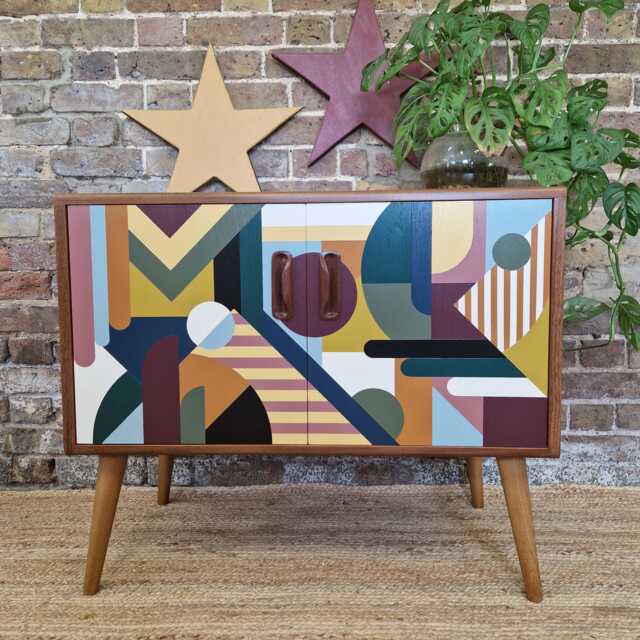 Custom Painted Geometric Mid Century Sideboard, Bespoke Design, Unique ...
