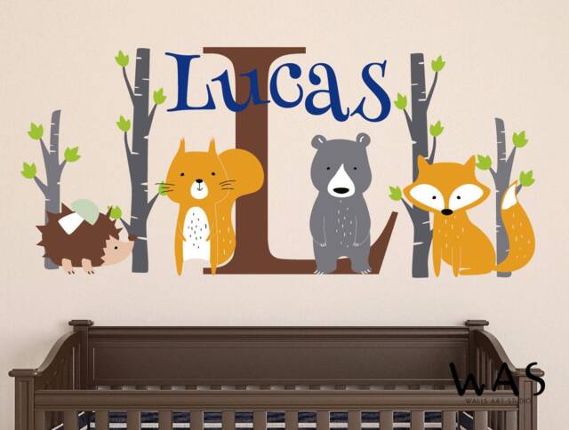 Woodland Animals Name With Monogram Wall Decal, Forest Nursery Baby ...