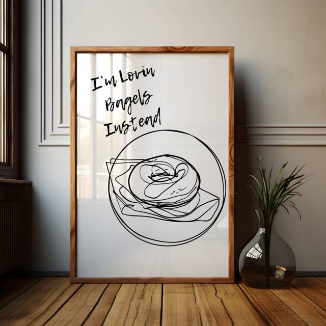 Black & White I'm Lovin Bagels Instead Minimalist Wall Art, Bagel ...
