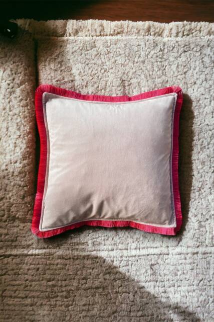Powder Pink Velvet Complete Cushion With Fuchsia Fringe Edge - Square ...