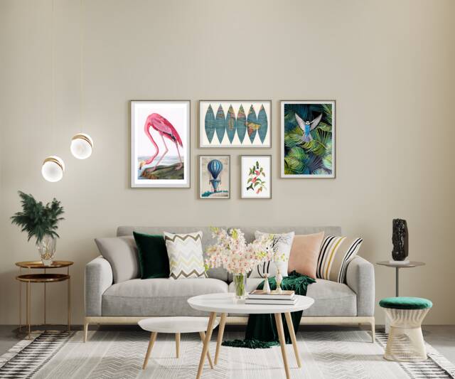 Eclectic Gallery Wall Art Prints Audubon Flamingo, Hot Air Balloon by ...