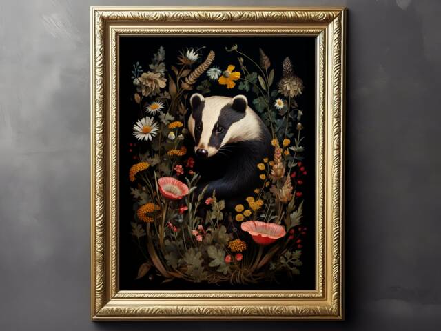 Lithographic Print, Botanical Badger Wall Art, Dark Gothic Decor ...