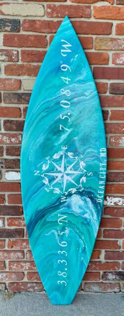 Surfboard Art- Mermaid Compass Rose - Teal Acrylic Pour- Customizable ...