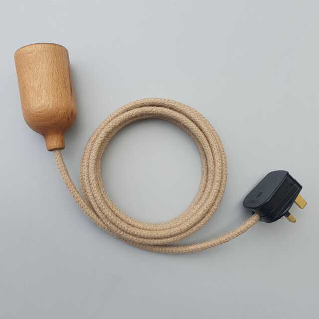 Wooden Plug in Pendant Light - Fabric Cable, Oak Style Wood Lamp Holder ...