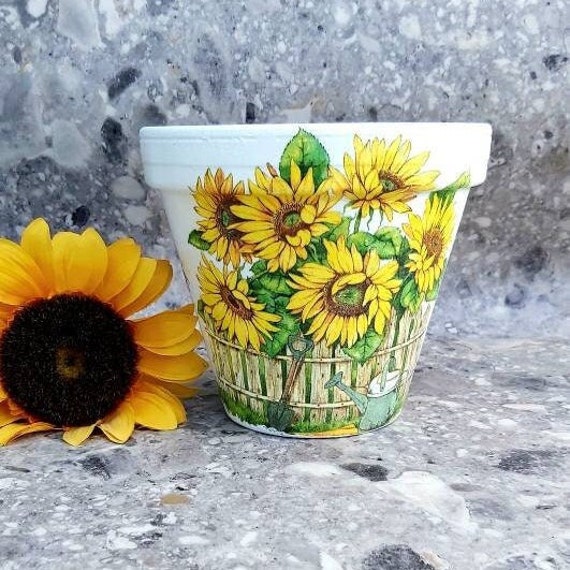 Dad Plant Pot, 17cm, Sunflower Pretty Planter, Large Decoupaged ...