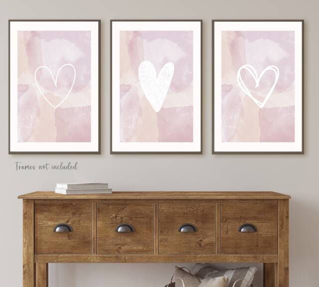 Dusky Blush Pink Heart Prints, Bedroom Wall Art, Pictures, Poster, Home ...