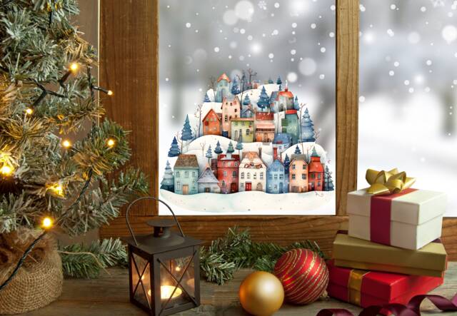Christmas Window Sticker, Winter Scene Double-Sided Reusable Sticker ...