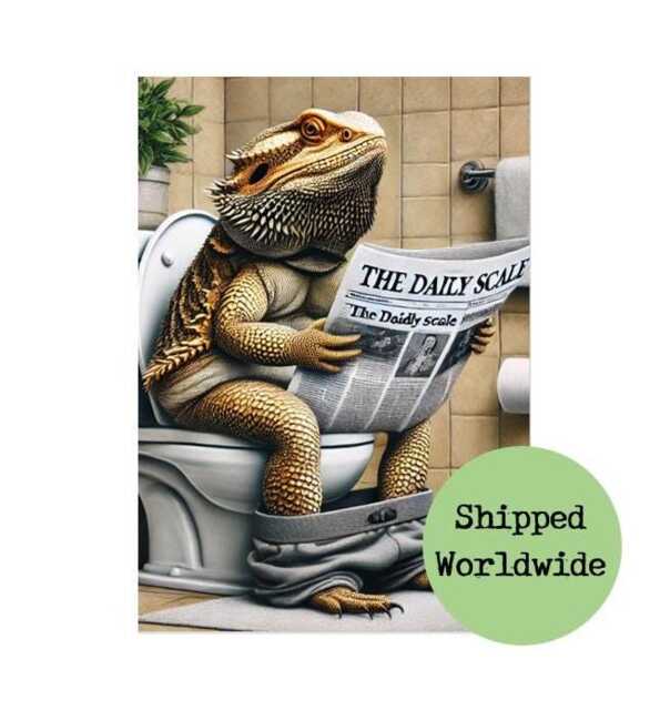 Bearded Dragon Sitting On Toilet Reading Newspaper Print Funny Lizard ...