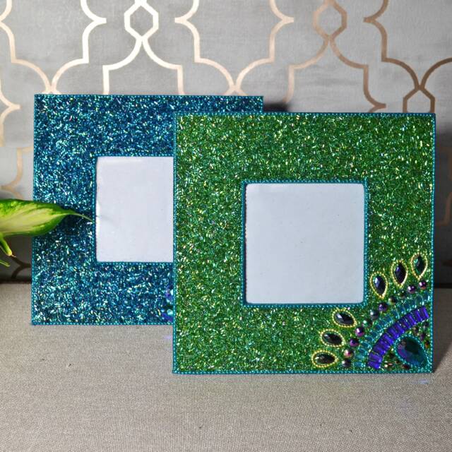 Peacock Feather Style Blue & Green Beaded Picture Frame Decorative Well ...