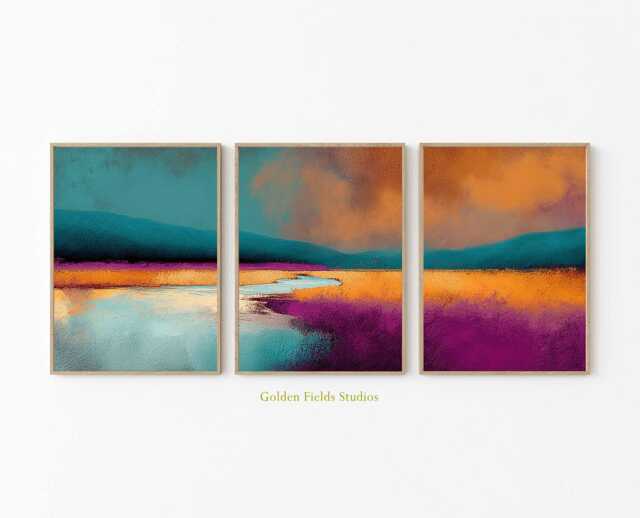 Abstract Landscape Prints Set Of 3 Teal, Orange, Purple Modern Wall Art ...