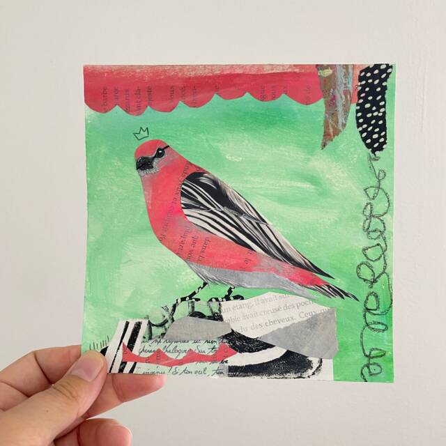 Cute Bird Painting, Abstract Wall Art Small, Mini Collage Original Art ...