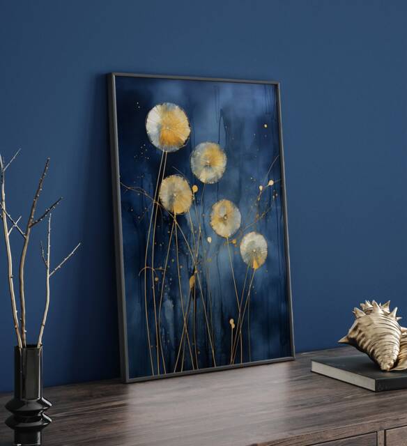 Navy Blue & Gold Dandelions Wall Art Print by Etsy | ufurnish.com
