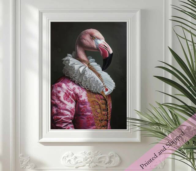 Pink Flamingo Renaissance Portrait, Victorian Animal Portrait, Rococo Pastel Wall Decoration by ...