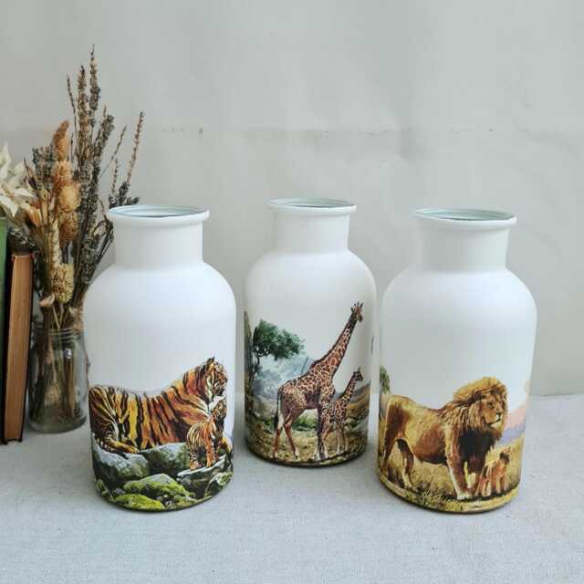 Safari Animal Glass Vase, Giraffe Tiger & Lion Wildlife Home Decor ...
