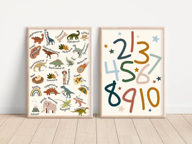 Educational Dinosaur Alphabet & Numbers Prints. Set Of 2 - Prints Only ...