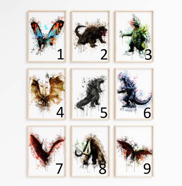 Watercolour Paint Splash Godzilla Villains Splatter Prints Poster Wall ...