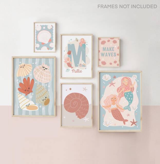 Set Of 6 Personalised Mermaids Gallery Wall in Pastel, Unframed Print ...