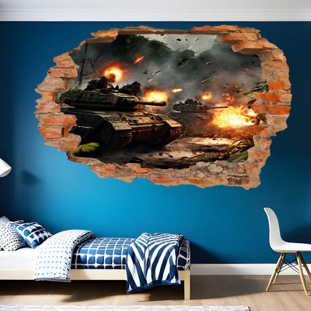 War Zone Army Tank Battle Wall Sticker Mural Poster Decal 3D Art Office ...