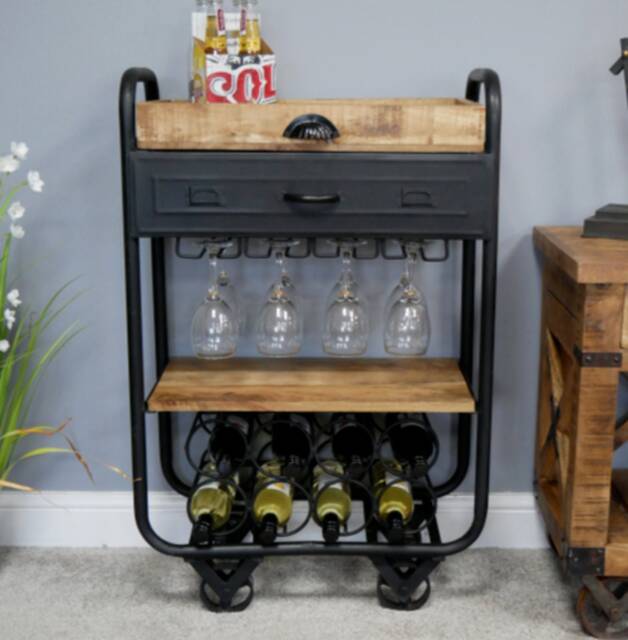 Industrial Drinks Trolley Rustic Metal Mini Bar Wine Cabinet Glass ...