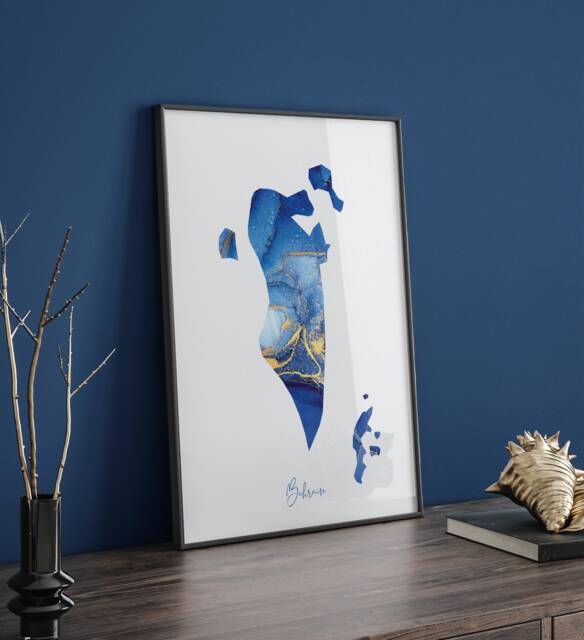 Bahrain Map Blue & Gold Wall Art Print by Etsy | ufurnish.com
