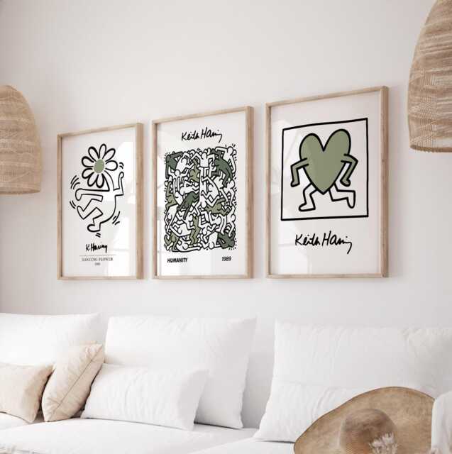 Green Keith Haring Prints, 3 Set, Wall Art, Haring, Retro Decor, Living ...