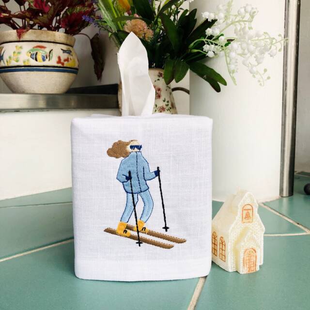 Embroidered Linen Tissue Box Cover Winter Sports Decor by Etsy ...