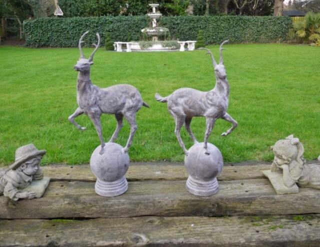 A Pair Of Cast Iron Stag Sculptures - Stood On Ball Balancing Fence ...
