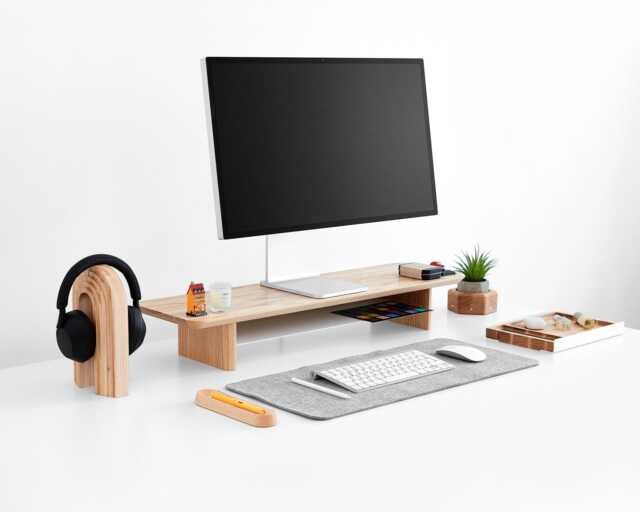 Wooden Desk Monitor Stand With Storage & Shelf - Ergonomic Dual Riser ...