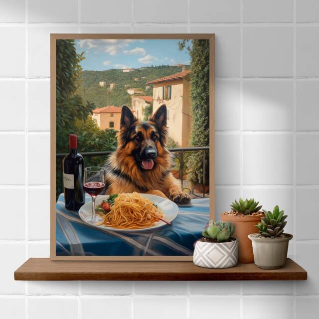 Italian Inspired German Shepherd Eating Spaghetti Funny A4 Art Print ...