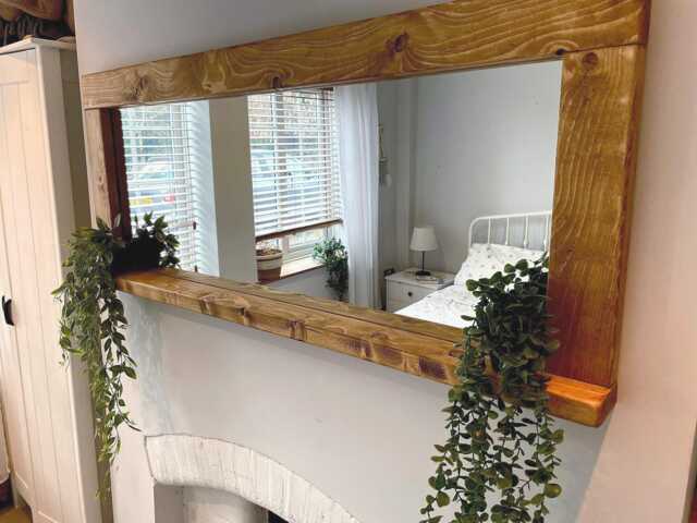A Rustic Handmade Wooden Mirror With Shelf On A English Oak Waxed ...