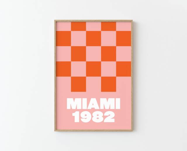 Miami 1982 Red & Peach Checkered City Poster Print, Cool Wall Art ...