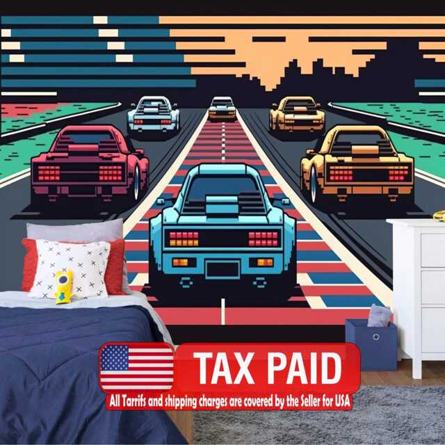 Retro Pixel Art Car Race Wallpaper Mural, Easy-Install Peel & Stick ...