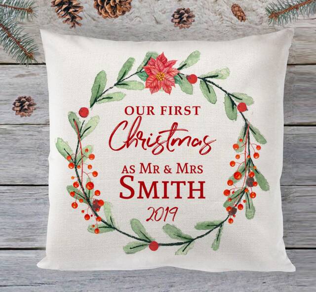 Personalized First Christmas Cushion Cover Mr & Mrs Wreath Gift by Etsy ...